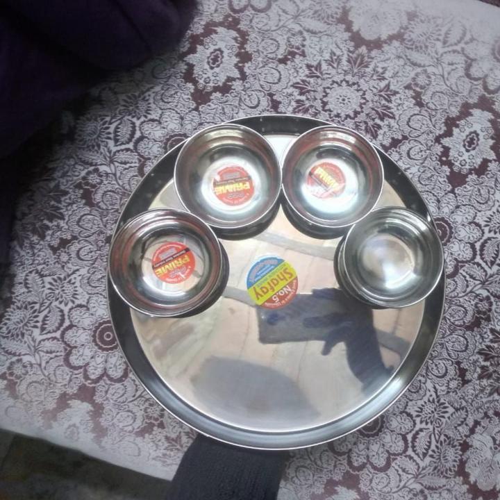 5 Pcs Set 1 Thaali Plate 4 Katori Bowls Heavy Stainless Steel | Daraz.pk