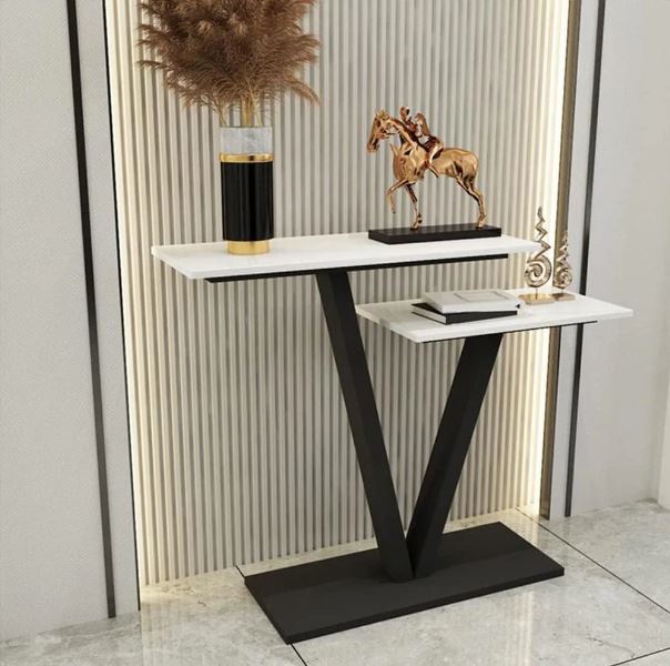Contemporary 2 Tier White Marble effect sheet Black frame Console Table ...