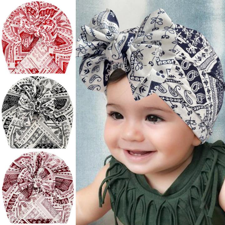 Baby Hat Fashion Printed Bowknot Turban Hats Sweet Soft 0-4T Elastic ...