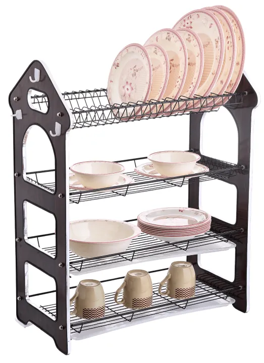 4 tier 4 Layer Dish Rack bartan stand with Antique wooden panel shelf ...
