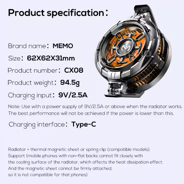 Memo CX08 PRO / CX08 / CX07 Mobile Radiator Cooling Fan - 15W Power ...