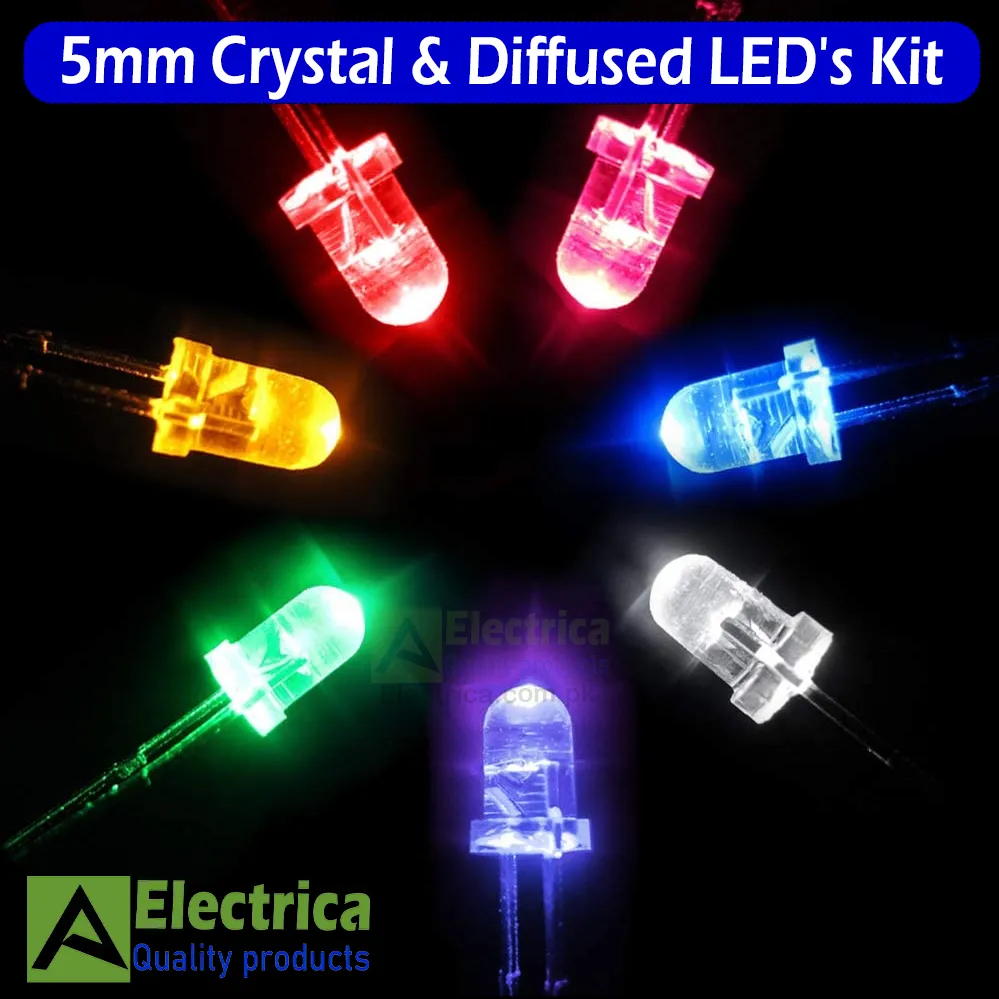Pack of 50 20mA 5mm Crystal & Diffused Red Green Yellow Blue White ...