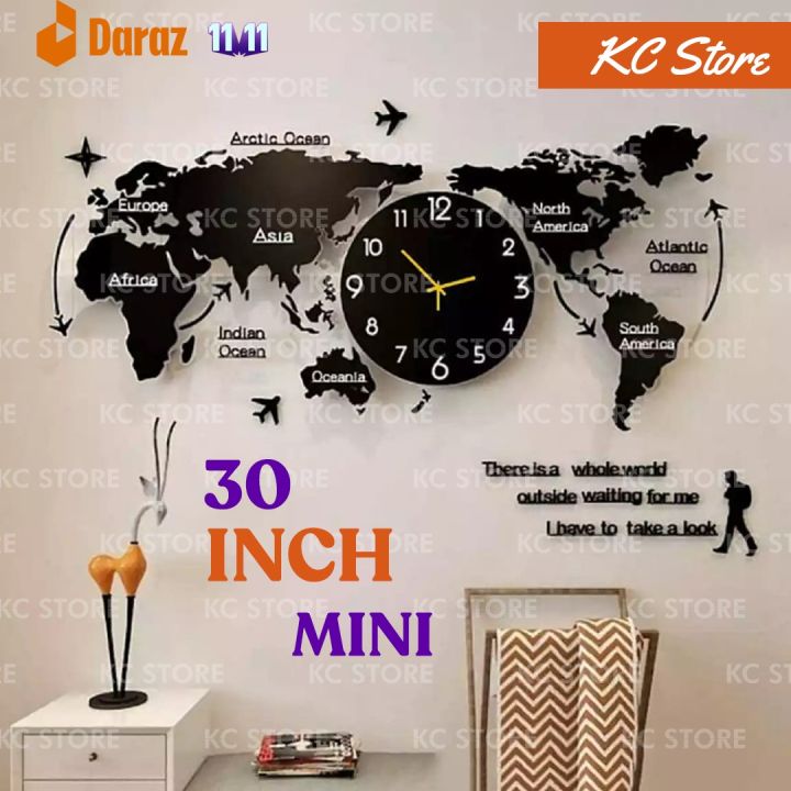 free shipping 2022 Wooden World Map Clock Wood Wall Clock Large Modern Design 3D Stickers ...