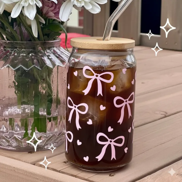 Bow Glass Sipper with straw and Bamboo lid | Glass Tumbler Mason Jar ...