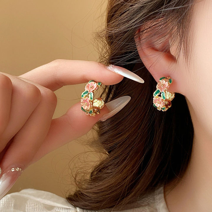 Romantic French Drip Glaze Flower C-shaped Stud Earrings For Women New ...