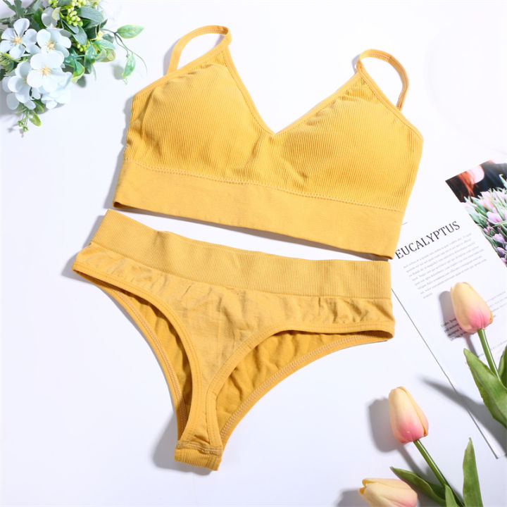 Women Yellow Lace Padded Bras One-Piece Cotton Panties Push Up Bra Sets ...