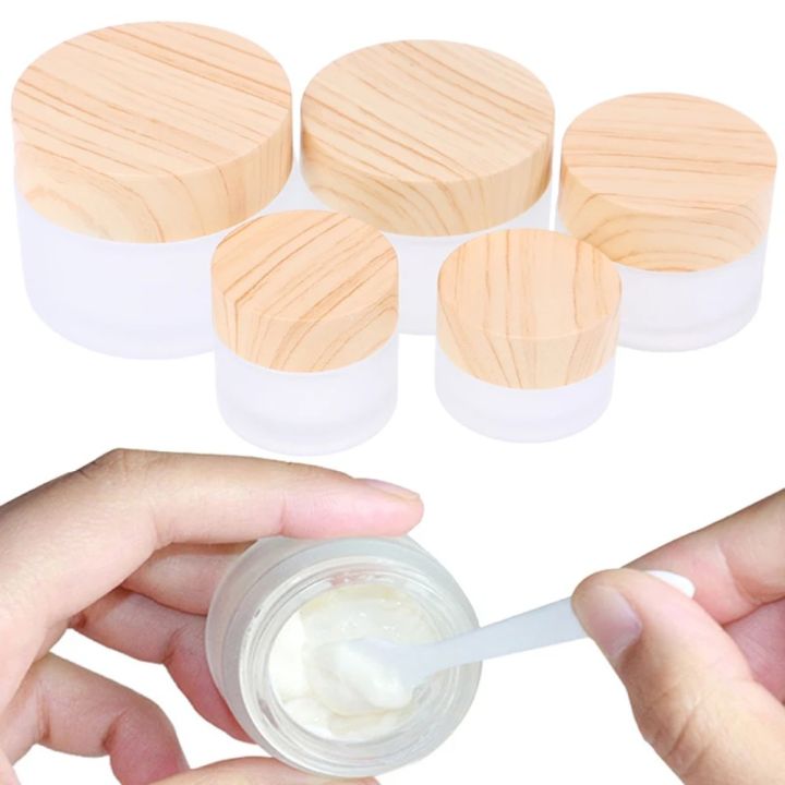 Travel Wood Grain Lid Frosted Glass Cream Jar Round Screw Cap Cream ...
