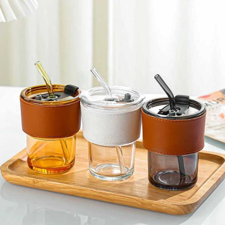 Glass Tumbler with Straw, Lid & Leather Sleeve, Masson Jars Slub Glass ...