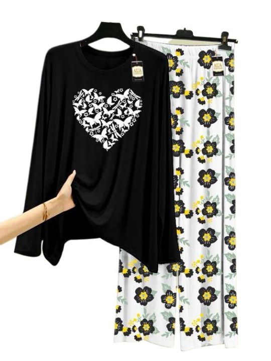 BLACK BUTTERFLY HEART Printed Nightwear Set with Flower Printed ...