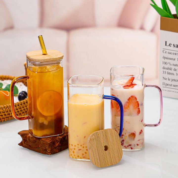 400ml Square Glass Mug - With Handle, Straw & Wooden Lid, - Drinking ...