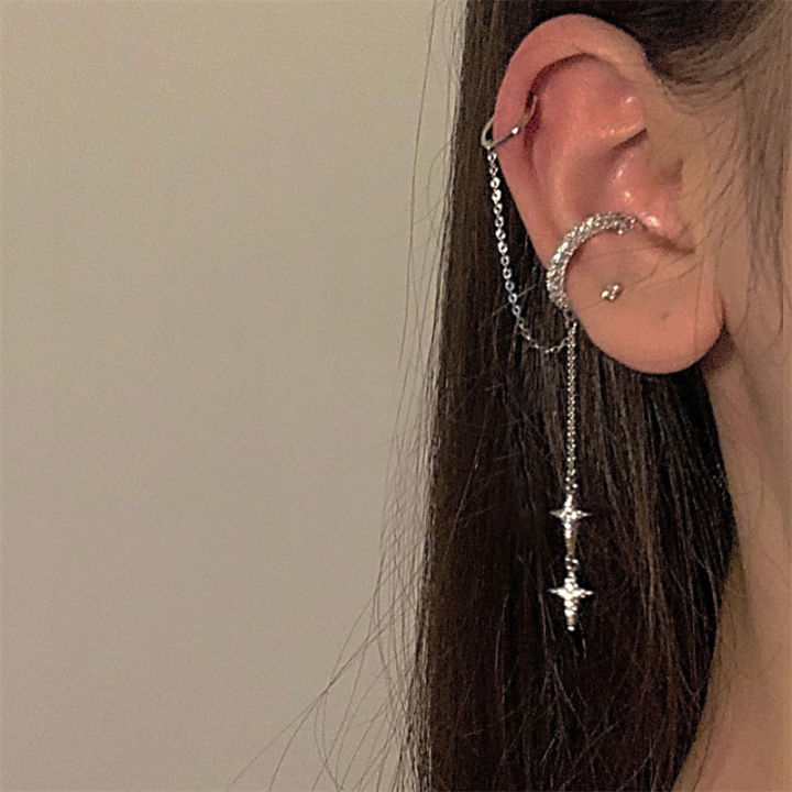 Shiny Silver Color Crystal Tassel Non-Piercing Cuff Ear Clip Earring ...