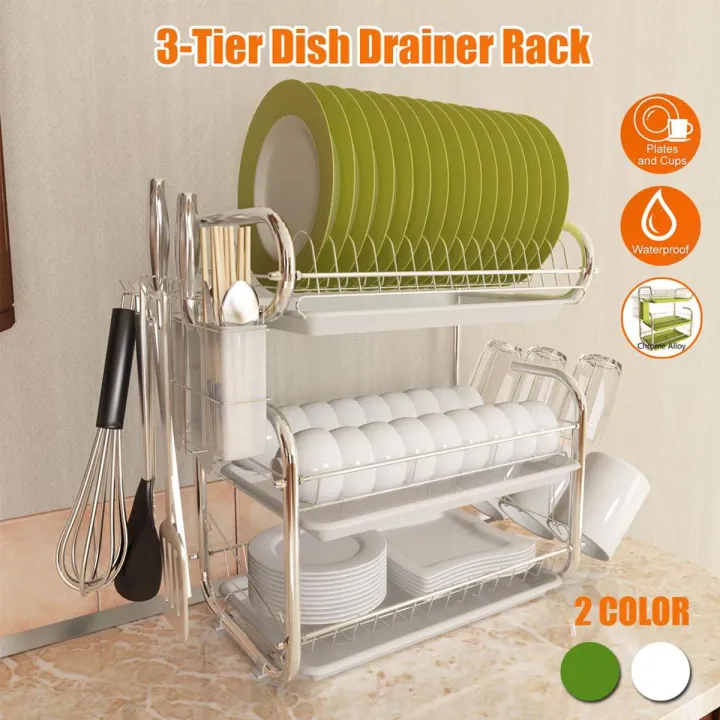 3 Layer G-Shape Dish Rack Plate Stand with Cutlery Holder and Organizer ...