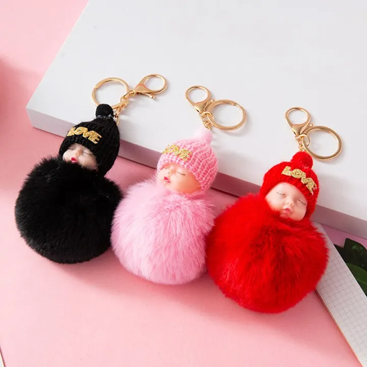 Doll Fluffy Ball Keychain Plush Sleeping Girl Multifunction Baby Pompom ...