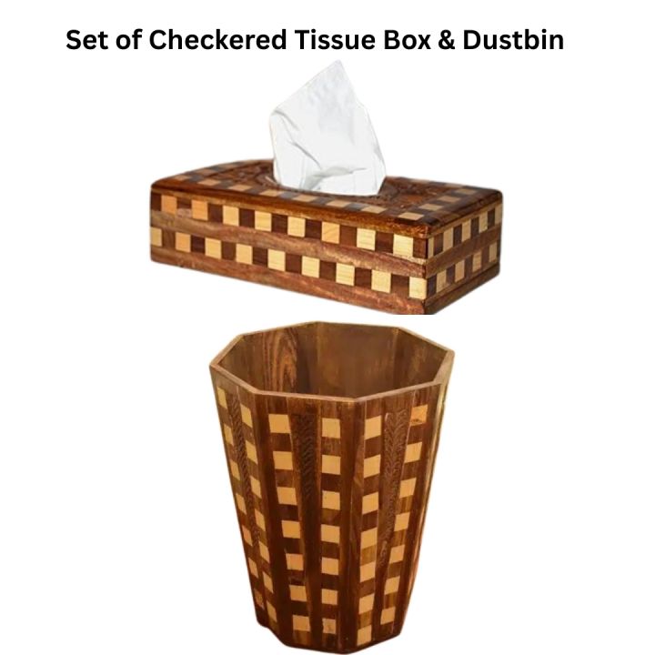 Set of 2 Wooden Checkered Dustbin & Wooden Checkered Tissue Box Holder ...
