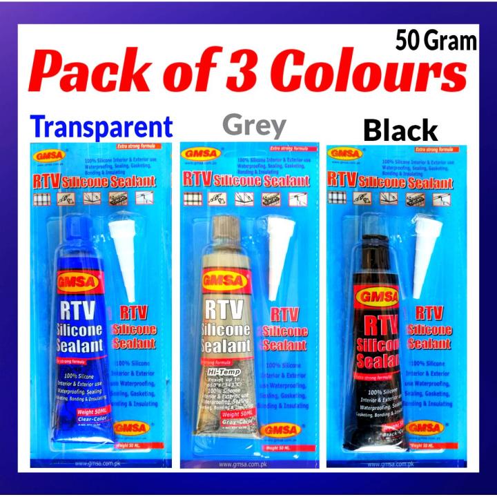 Pack of 3 GMSA RTV Silicone Sealant 50g Tube (Transparent,Grey,Black ...