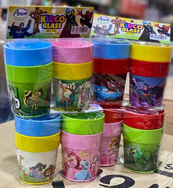 (Pack of 04) Colourful Cartoon glass characters for kids plastic (glass ...