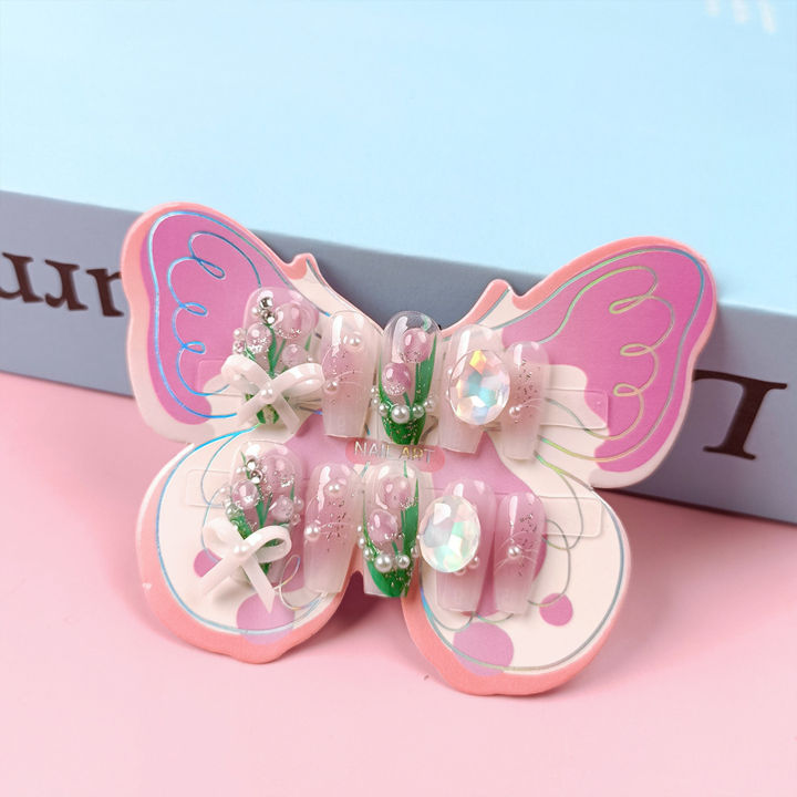 GKETLZ185-B5 10pcs Press On Nails Tulip Garden Floral Butterfly Design ...