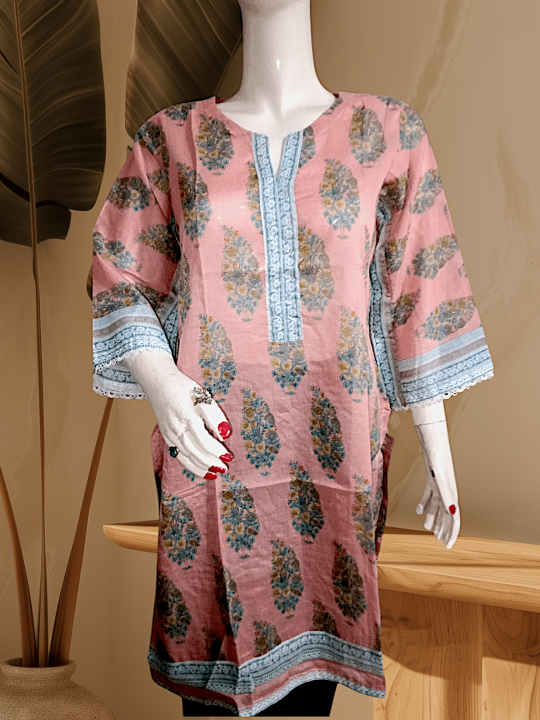Peach Color Lawn Khadi Print Kurti Women's Straight Kurti Casual Indian ...