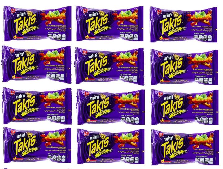 TAKIS FUEGO MINI HOT CHILI PEPPER & LIME TORTILLA CHIPS 35g (Pack of 12 ...