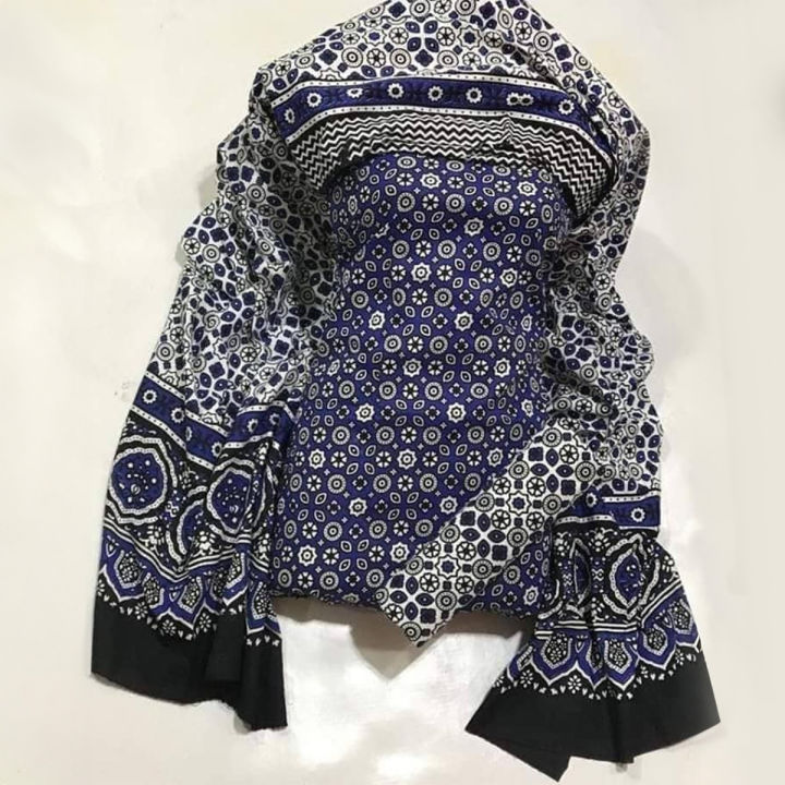 Pure Cotton Three Piece Unstitched Traditional Sindhi Suit Ajrak Block ...