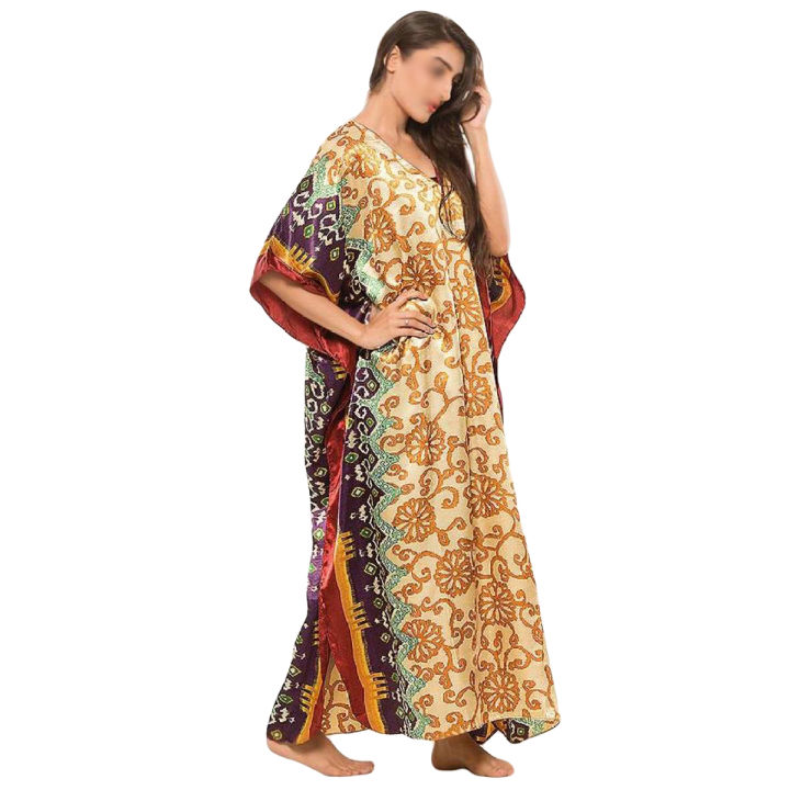 Printed V Neck 52 Inches Long Satin Silk Kaftan, Nighty, Night Dress ...