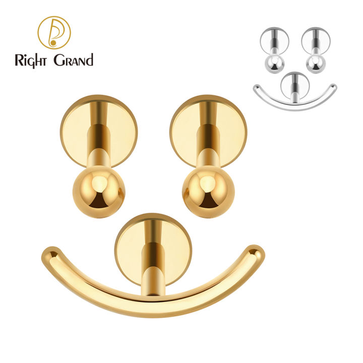3pcs Right Grand ASTM F136 Titanium 16G Smiley Face Stud Earrings Set Internally Threaded ...