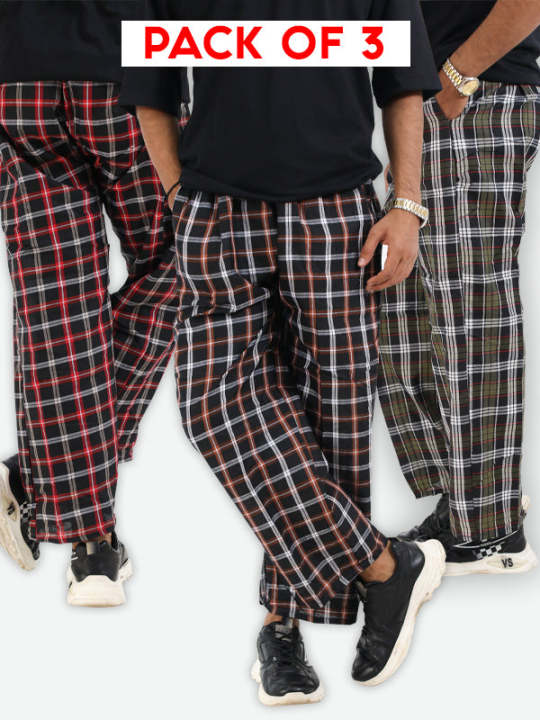 Pack of 3 Men's Check Printed Cotton Trouser – Multi Color | Soft ...