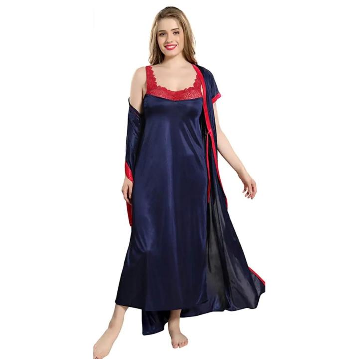 Women's Silk Maxi Nighty With Night Robe And Night Slip For Women (Pack ...