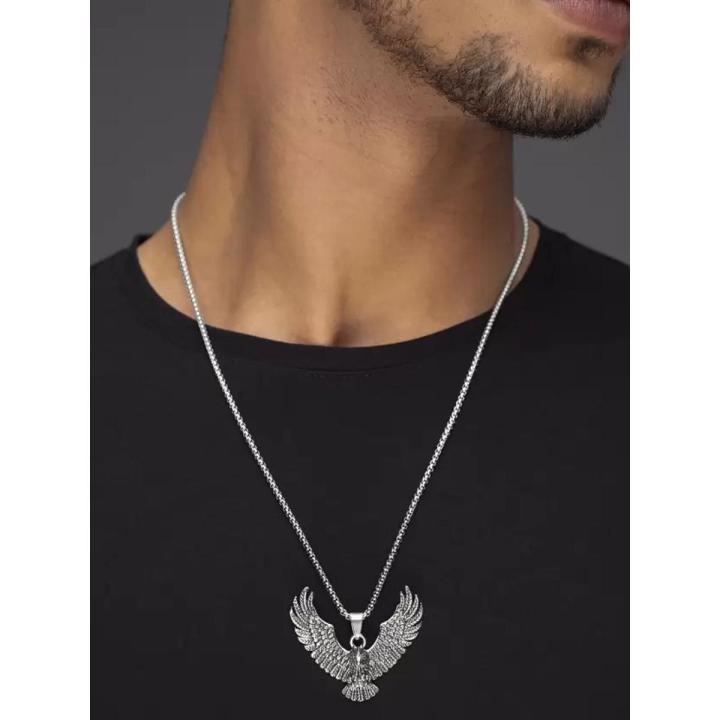 Silver Black Stainless Steel Eagle Locket Pendant Necklace for Men Boys Daraz.pk