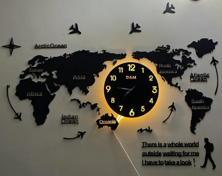 World Map 56 Inches Wall Clock Wooden And Hanging Watch DIY Design ...