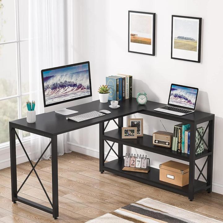 Eye Catching L-Shaped Reversible Industrial Desk with Storage Shelves ...