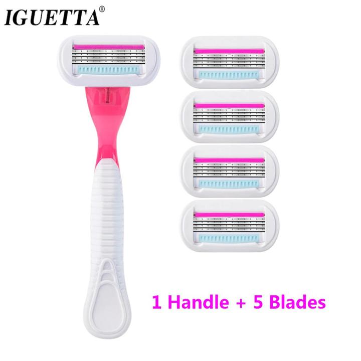 1 Handle + 5 Blades/ Women Body Hair Safety Bikini Aloe Strip Razors ...