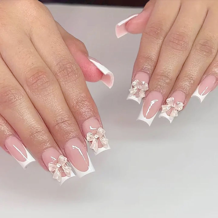 S329 Crescent Moon Bow French Style Pink Resin Fake Nails 24PCS | Daraz.pk