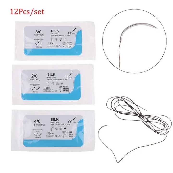 Silk Sutures Thread 12 Pieces Silk Braided Sutures Non Absorbable Needle Silk Suture Non-Injured ...