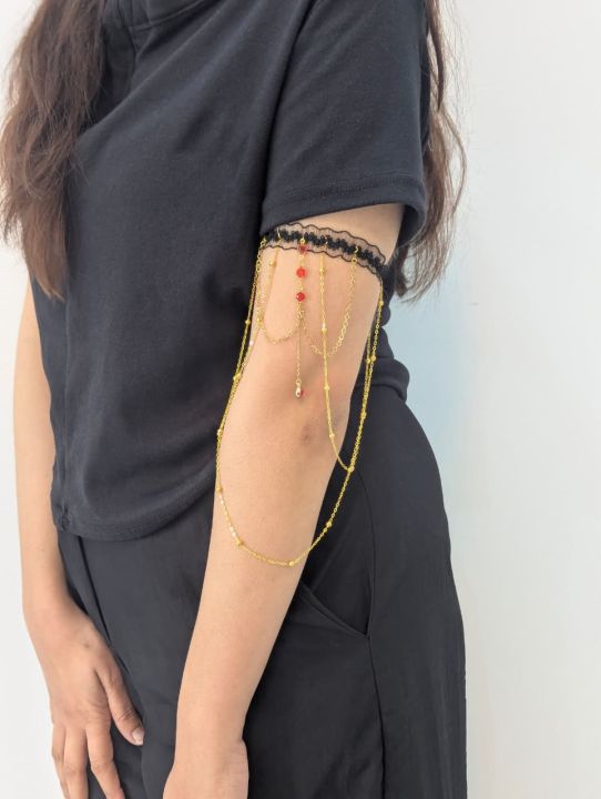 Crimson Cascade Upper Arm Chain – Gold Beaded Lace Statement Armlet ...
