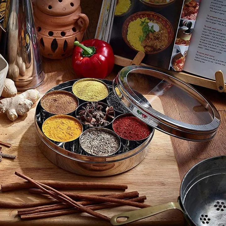 7 Partitions Spices Container Masala Dabba Box with Acrylic Glass ...