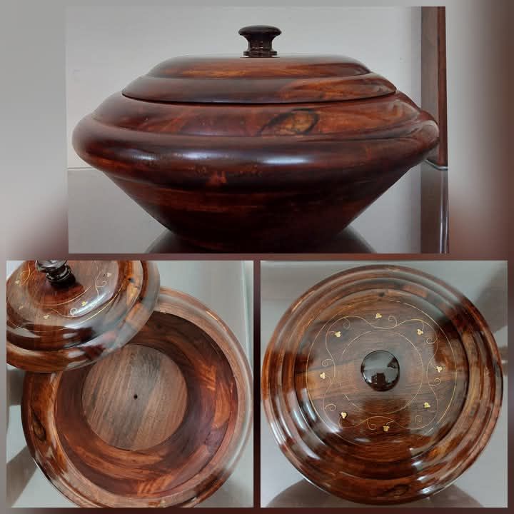 Wooden Hot Pot Round With Checkered Design And Brass Work # | Daraz.pk