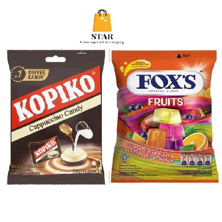 Fox Crystal Clear Candy Fruits 90g Pack | Kopiko Cappuccino 140g Pack | Daraz.pk