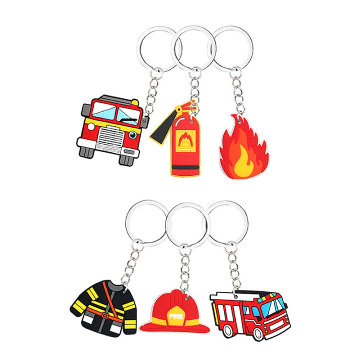 6pcs Fire Truck PVC Keychains Truck Helmet Flame Key Rings Kid's Gift ...