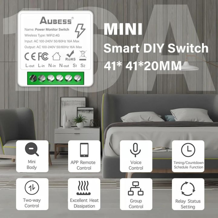 AUBESS Tuya WiFi MiNi Smart Switch With Energy Monitor 16A 2-way control Timer Wireless Switch ...
