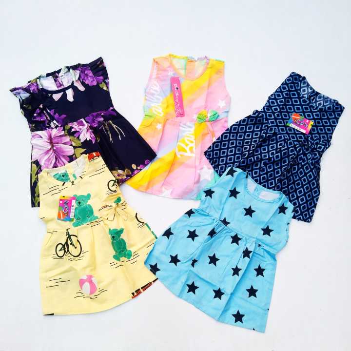 Pack Of 5 Multi-Color Printed Cotton Frock For Girls (Random Design ...