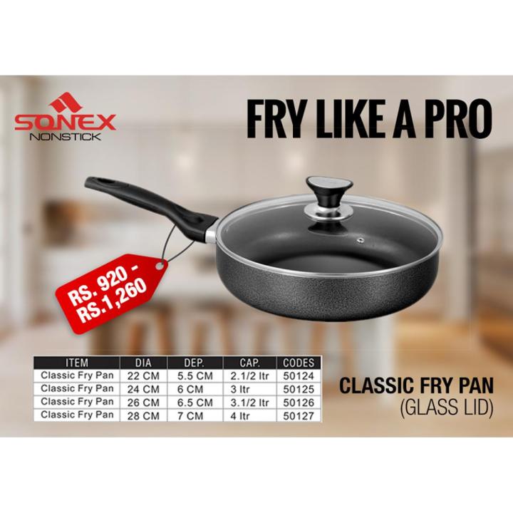 Sonex Classic Fry Pan With Glass Lid - Non Stick Coating (22cm to 28cm)- Black | Daraz.pk
