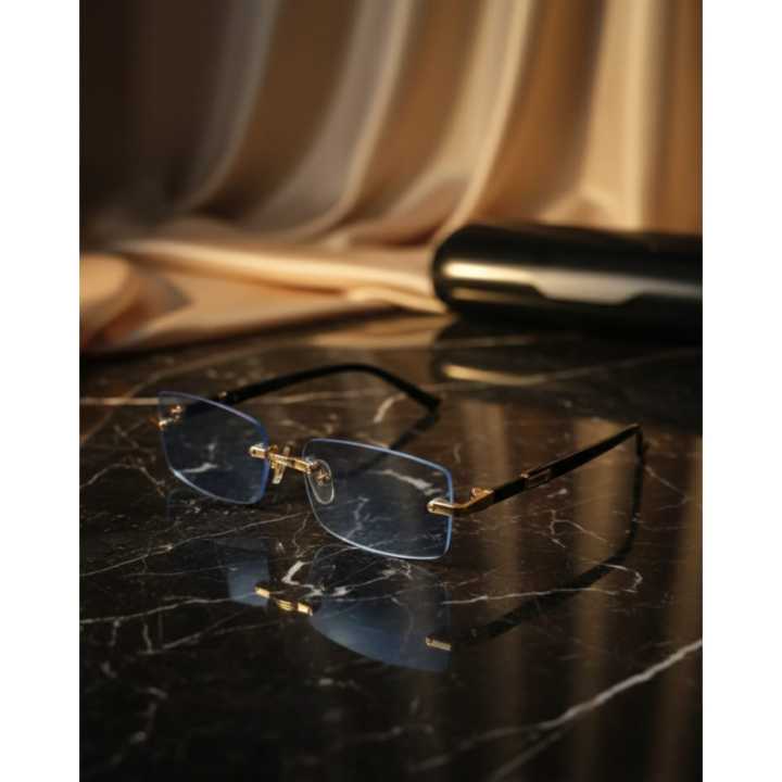 Luxury Rimless Blue Tint Sunglasses / Blue Light Glasses | Gold ...