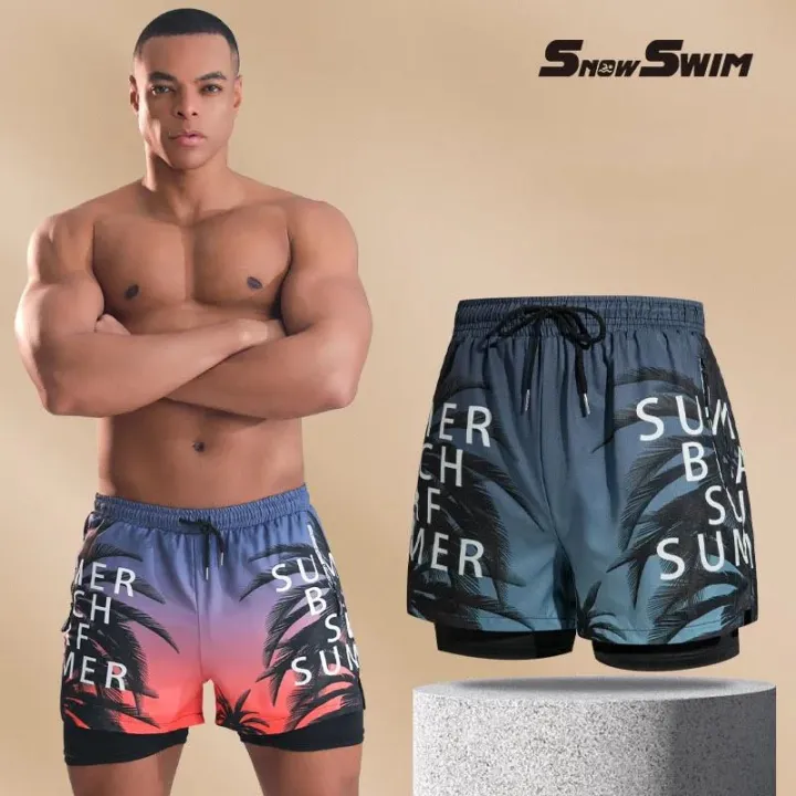Double-layer Swim Trunks for Men Boxer Shorts Anti-embarrassment Lined ...