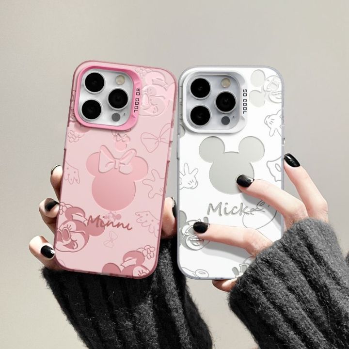 Sweet Pink Minnie Mickey Cavred Luxury Lens Circle Skin Hard Phone Case for iPhone 14 Pro Max 15 ...