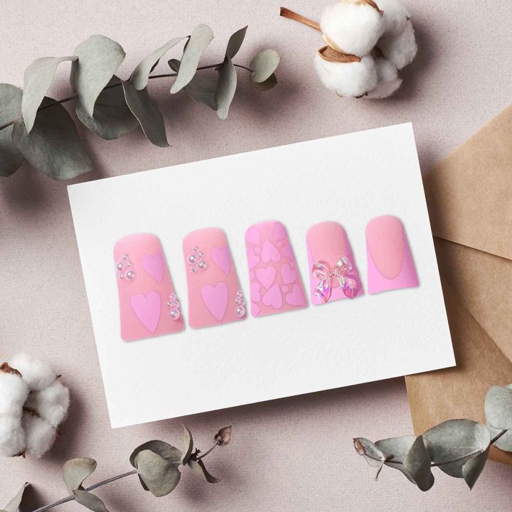 XE-94-54 24PCS Pink Duck Bill Press on Nails with Bow | Daraz.pk