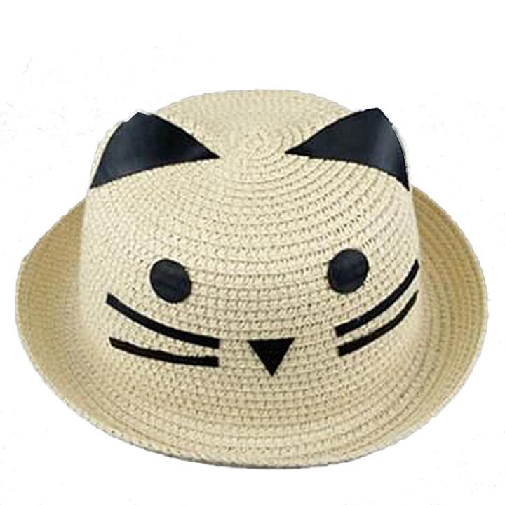 Cute Child Girls Straw hat Cat ears Sun Hat Kids Large Brim Beach ...