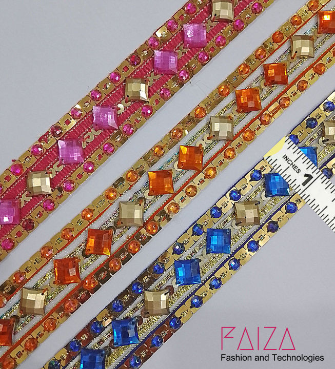 1 Yard/Gaz Fancy Banasri Golden Sequin Sitara with crystal and ...