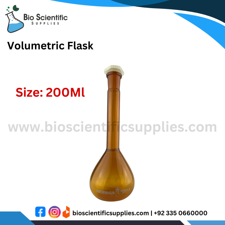 Volumetric Flask, 200ml - Amber - Fitted with 19/26 Polypropylene ...