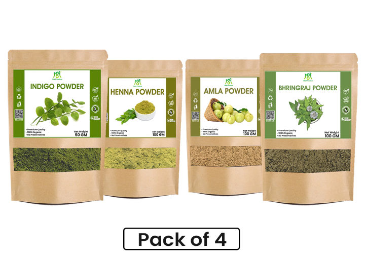 Pack of 4 Indigo Leaves Powder Herbal Hair Dyes + Henna Powder + Amla ...